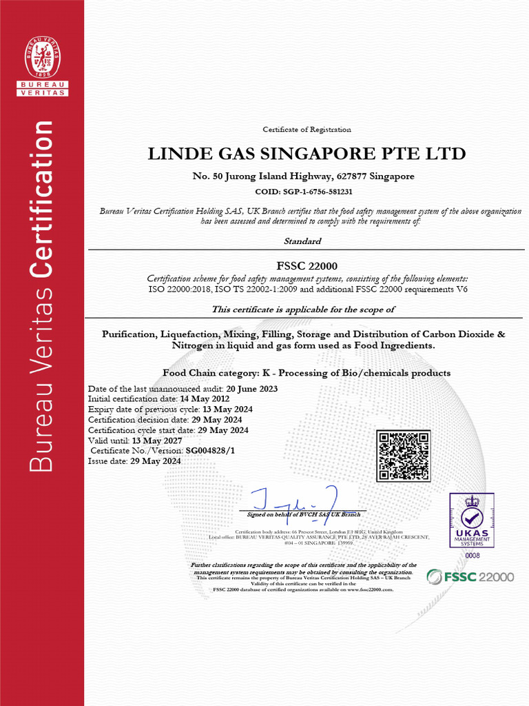 Certificate - Linde Gas Singapore Pte LTD (FSSC 22K - Ukas) | PDF ...