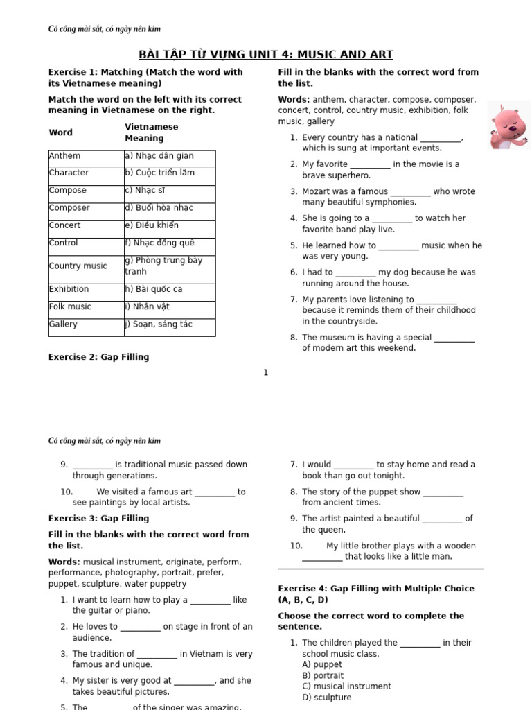 Vocab Exercise Unit4. Music and Art | PDF | Puppets | Performing Arts