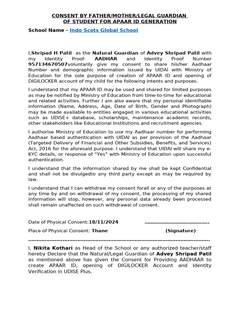 Consent for APAAR ID & DIGILOCKER Creation | PDF
