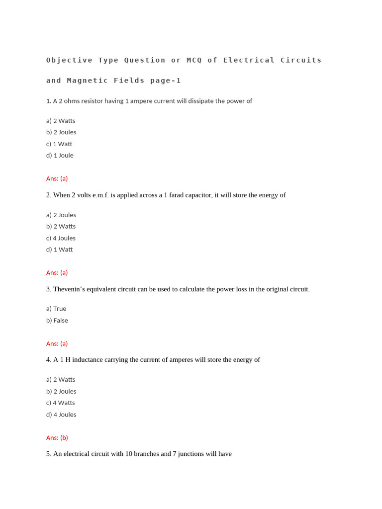 Electrical Mcqs | PDF | Inductance | Series And Parallel Circuits