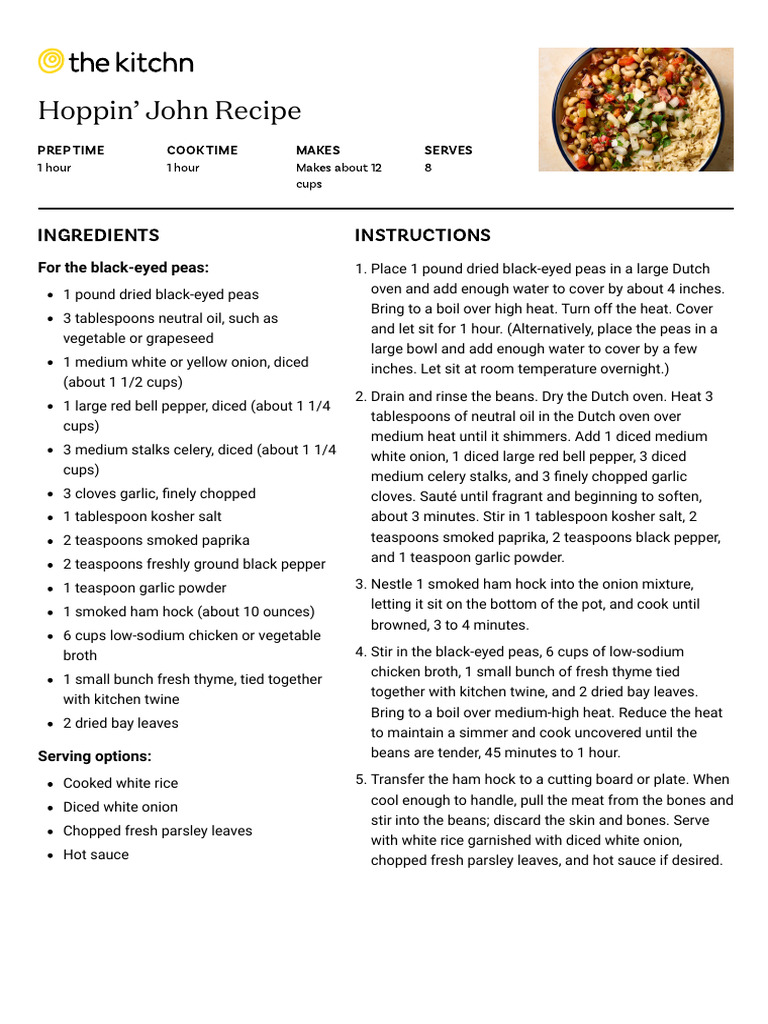 Hoppin’ John Recipe | PDF | Teaspoon | Garlic