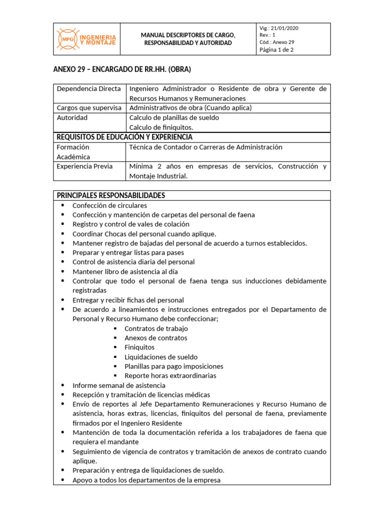 Encargado RR.HH. en Obra: Responsabilidades y Requisitos | PDF ...