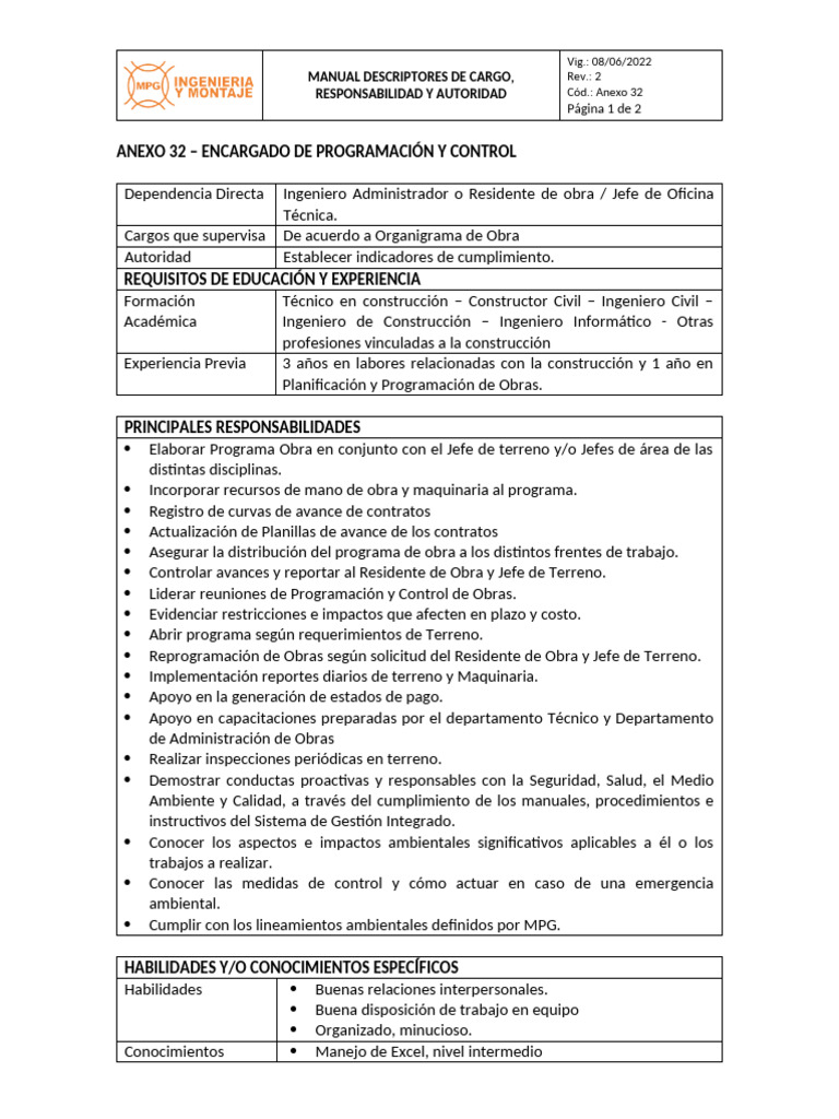 Anexo 32 - Encargado de Programación y Control | PDF | Software | Ingeniero civil