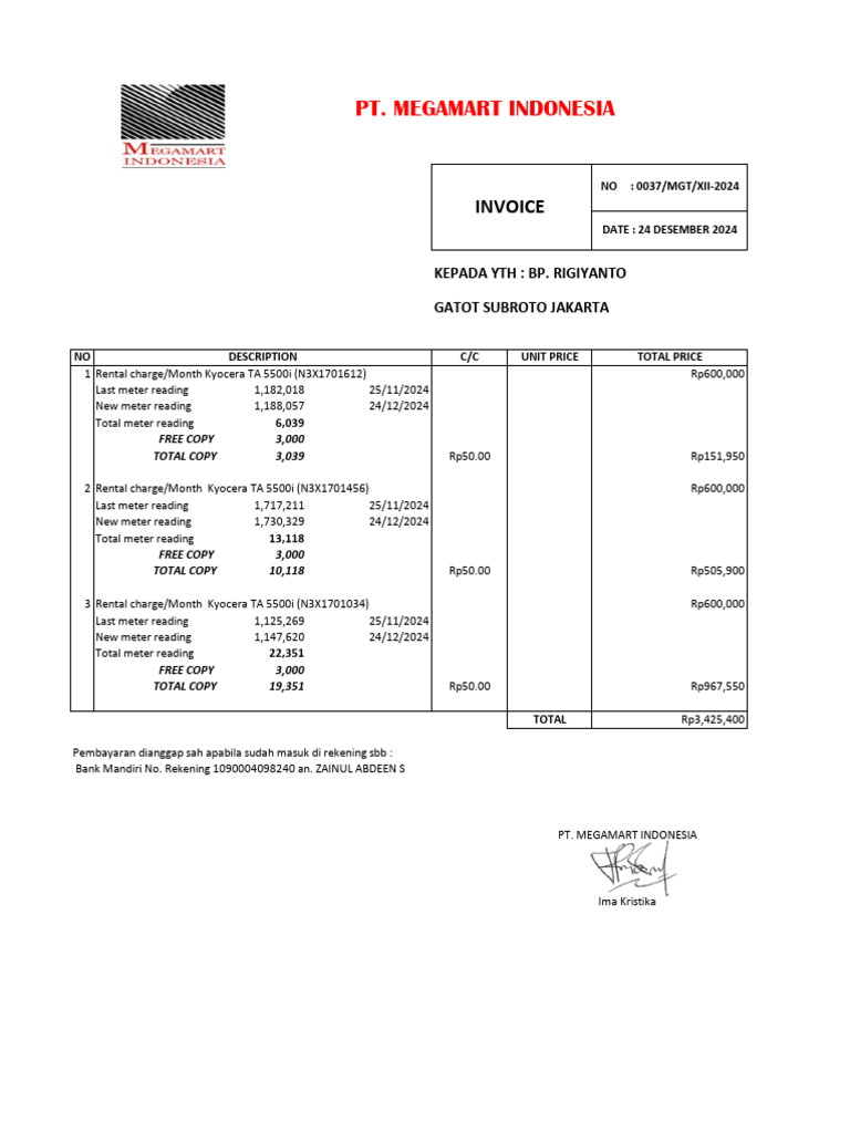 Invoice PAK RIGI - DESEMBER 2024 | PDF