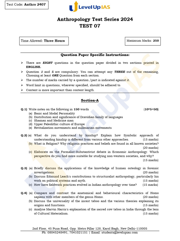 Anthropology Test 2407 Question Paper | PDF | Anthropology | Human