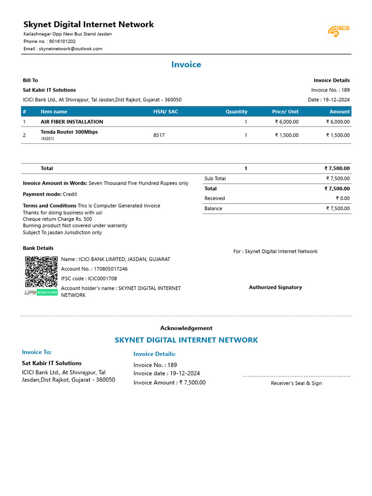Skynet Internet Invoice #189 - Jasdan | PDF | Invoice