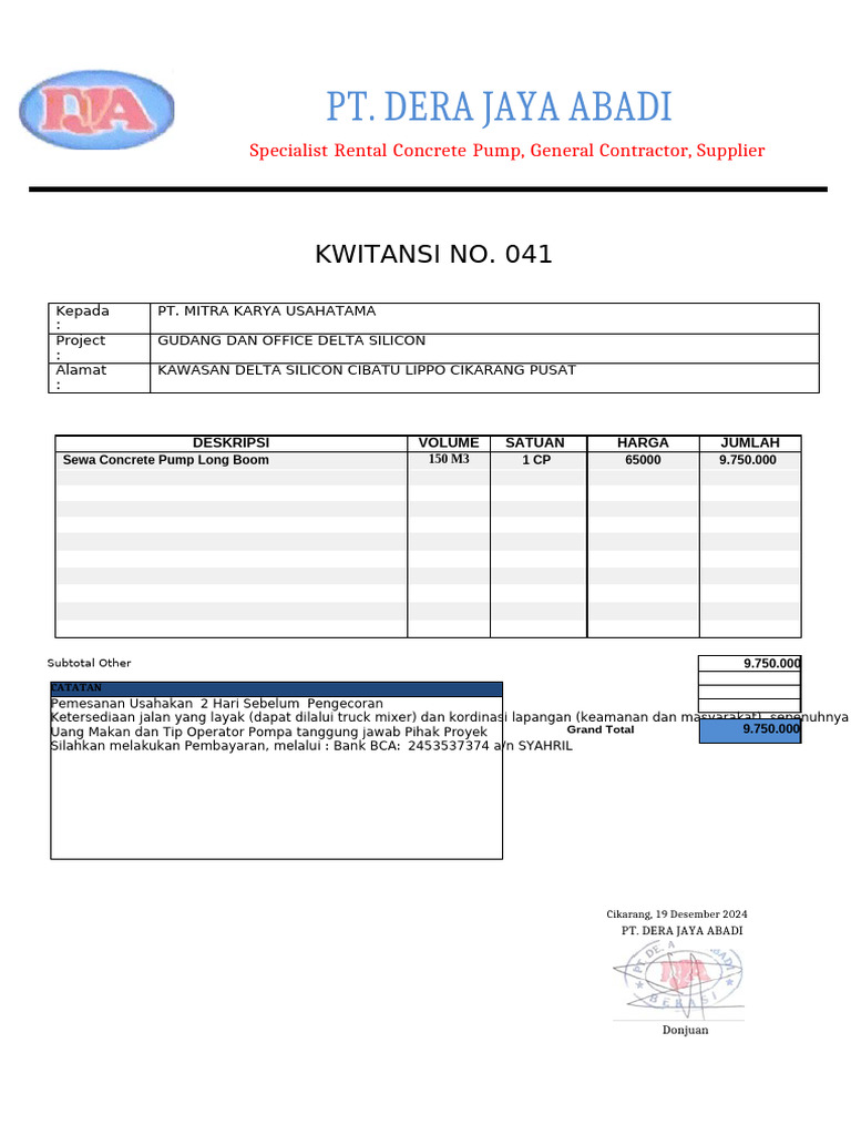 005 Invoice Sewa Pompa Pt. Mitra Reka Usahatama 150 m3 | PDF