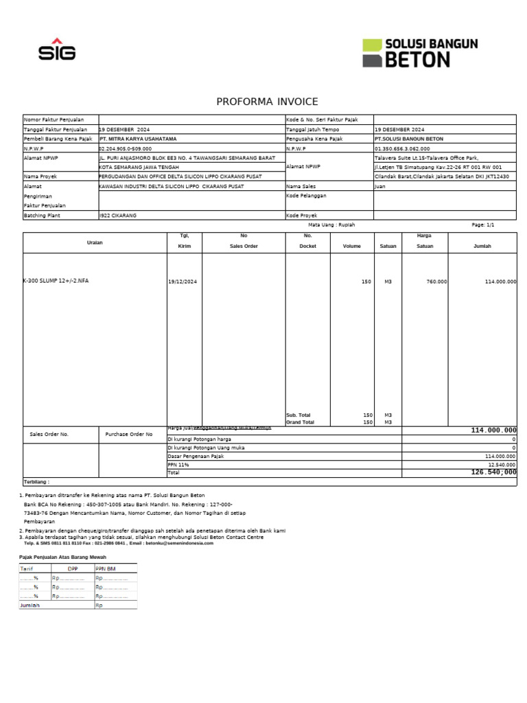 Proforma Invoice PT Mitra Karya Usahatama | PDF