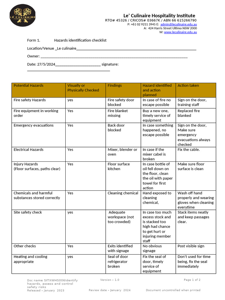 SITXWHS_Hazards identification checklist | PDF | Hazards | Occupational ...