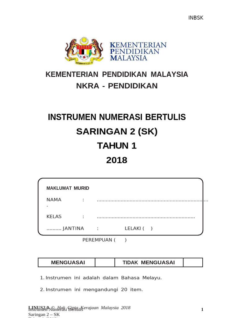 Instrumen Numerasi Bertulis Tahun 1 | PDF