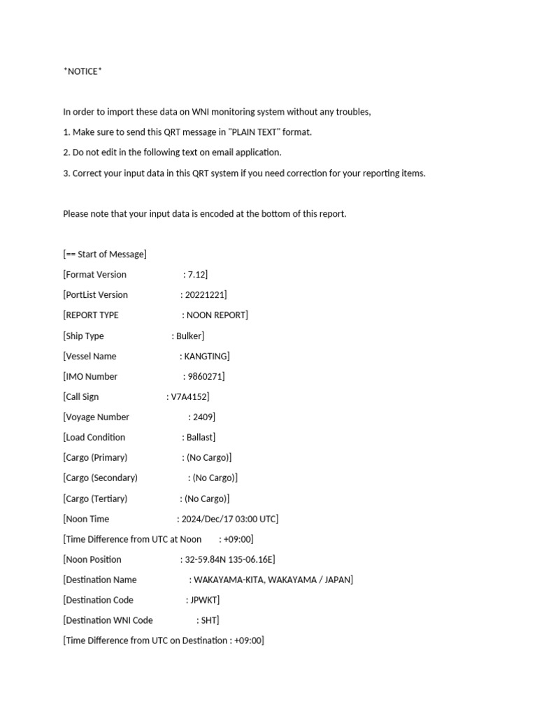 Noon Report for Vessel KANGTING | PDF | Shipping | Ships