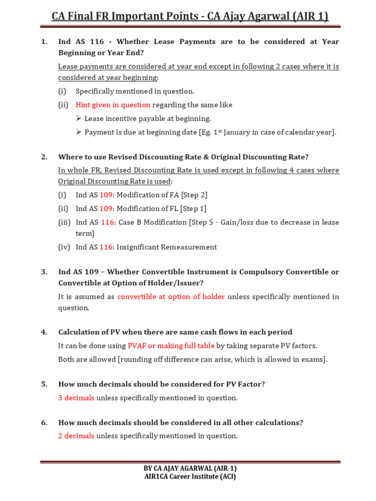 FR Important Points By CA Ajay Agarwal (AIR 1) | PDF | Discounting | Income Statement