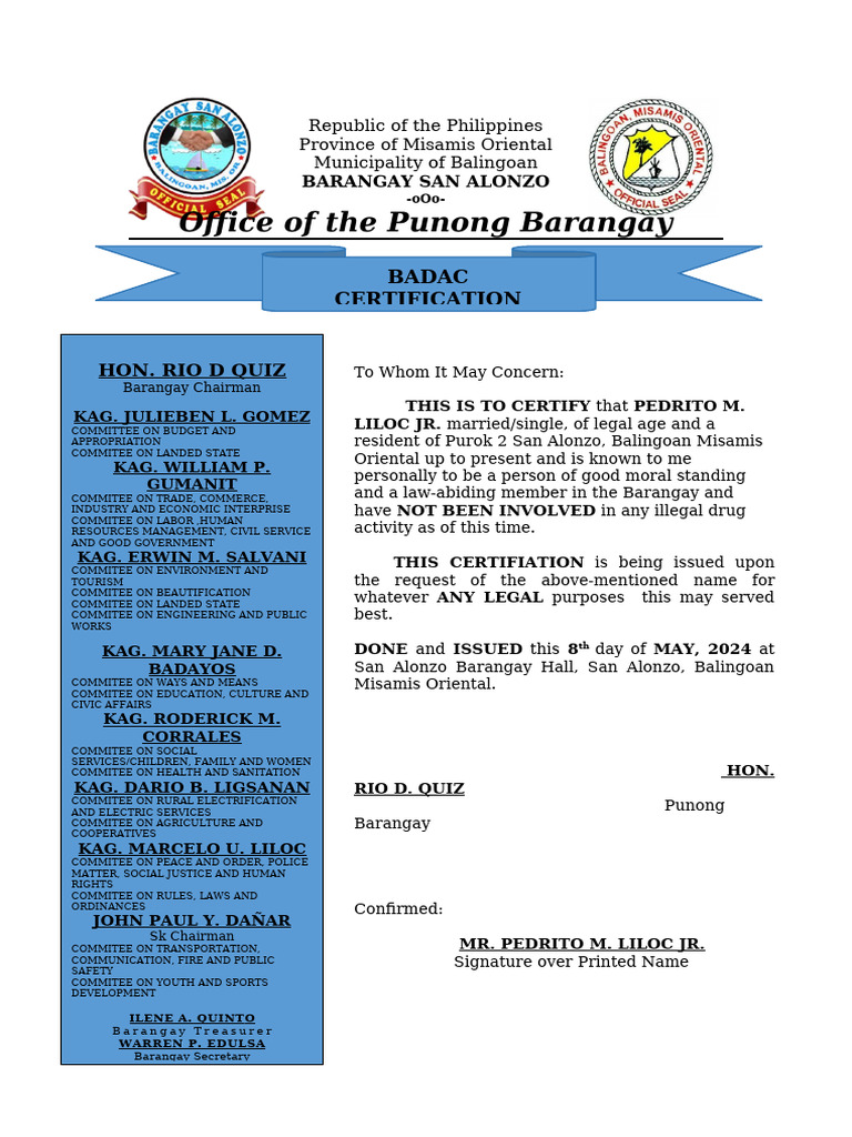 BADAC Certification for Pedrito Liloc Jr. | PDF | Committee