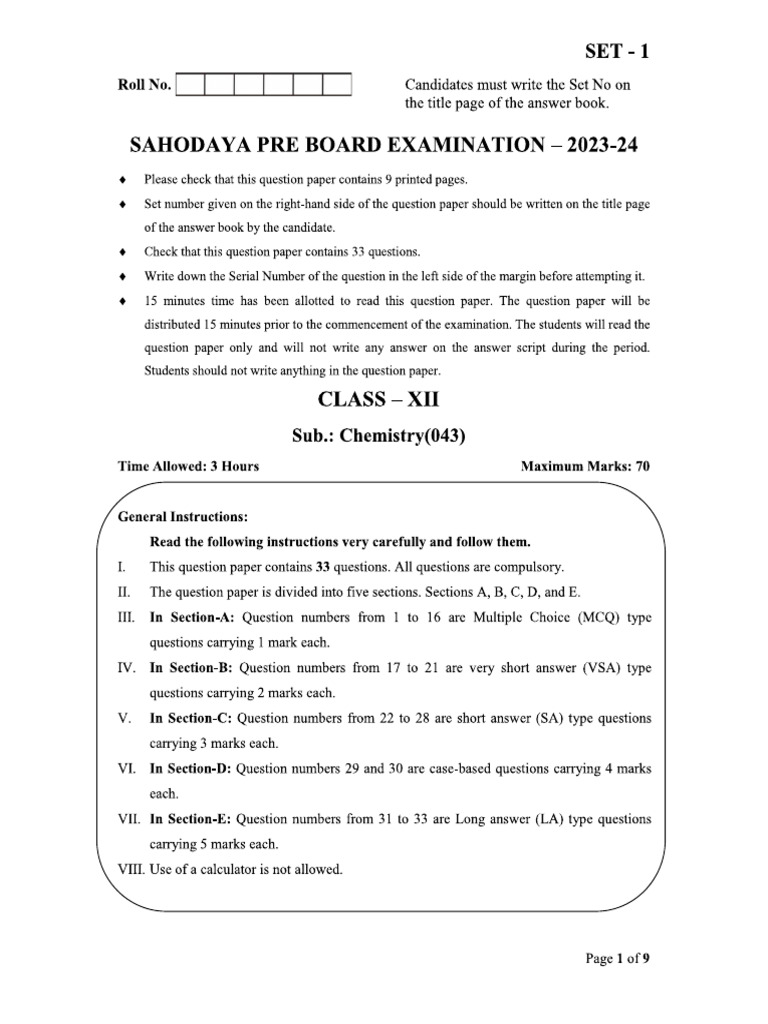 Xii Chemistry Set1 | PDF