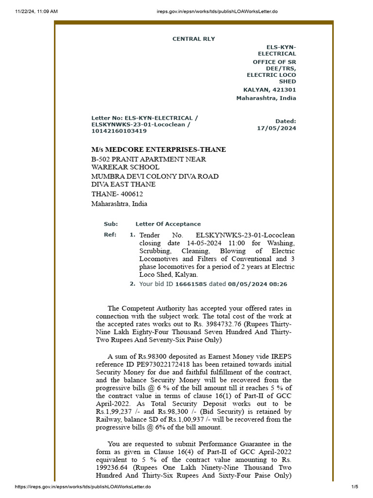 Ireps - Gov.in Epsn Works Tds PublishLOAWorksLetter - Do | PDF | Indemnity | Private Law