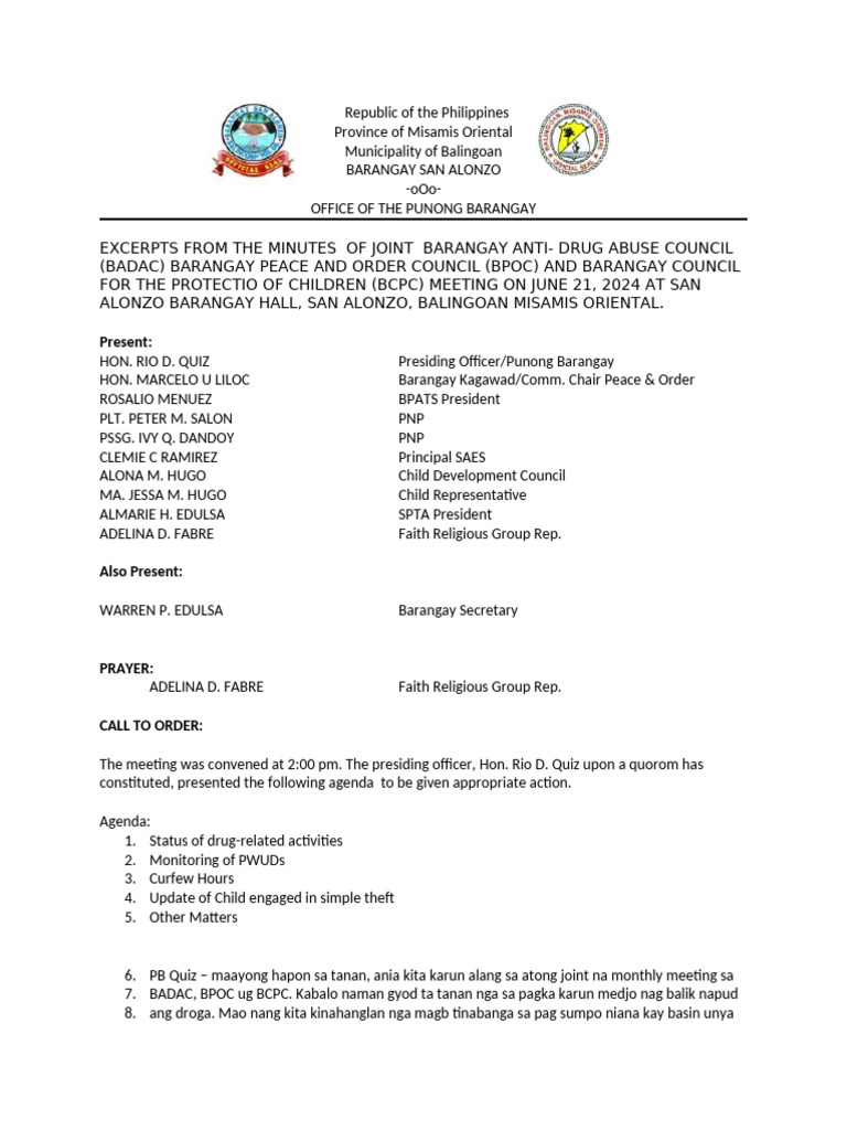 JUNE 22, 2024 BADAC BPOC BCPC | PDF