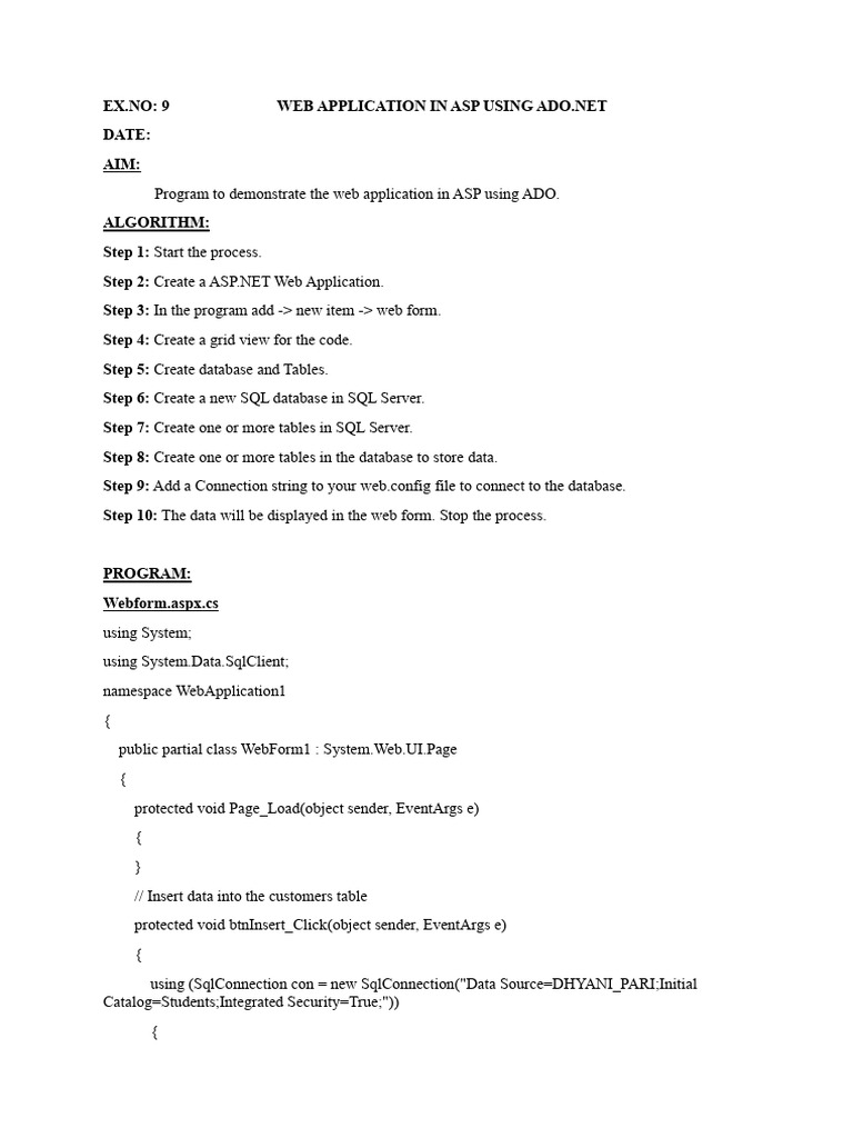 EXP 9 AND 10 ASP,ASP NET 2.0 | PDF | Microsoft Sql Server | Databases