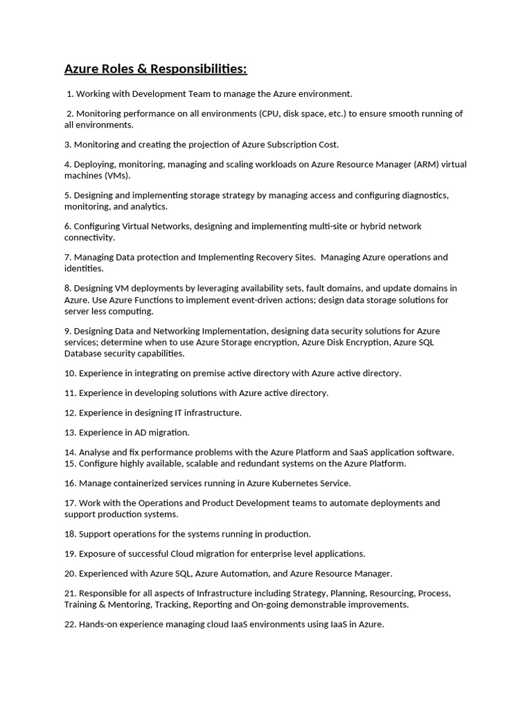 Azure Roles And Responsibilities & Proffesional Summary | PDF ...