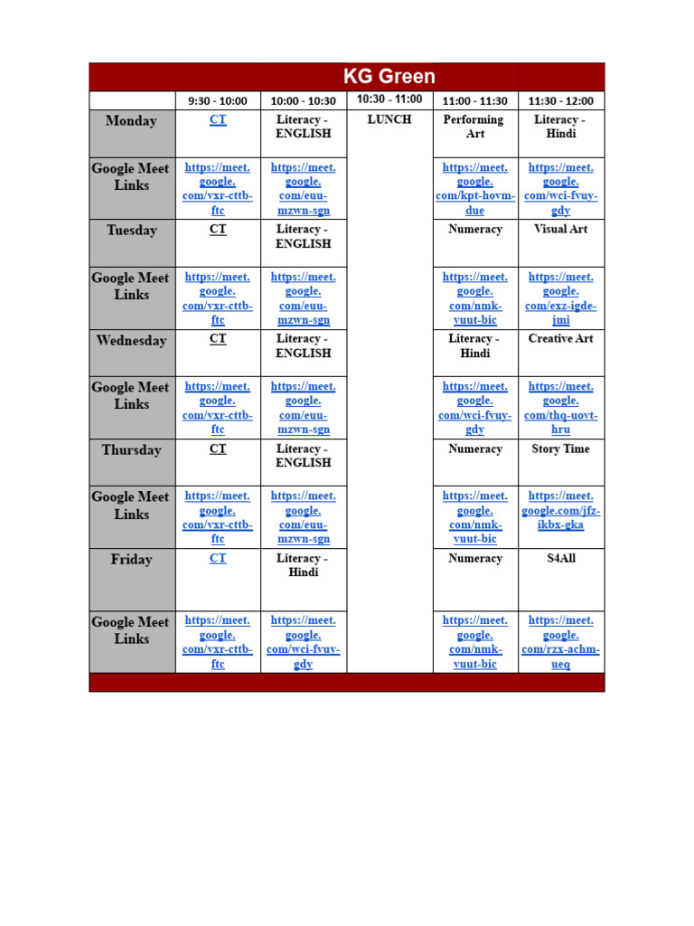Weekly Schedule with Google Meet Links | PDF