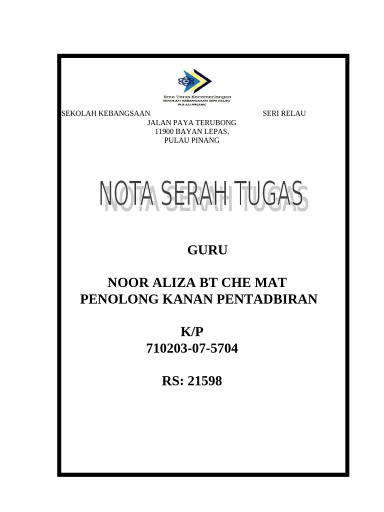 CONTOH Nota Serah Tugas PK Pentadbiran (ALIZA) | PDF