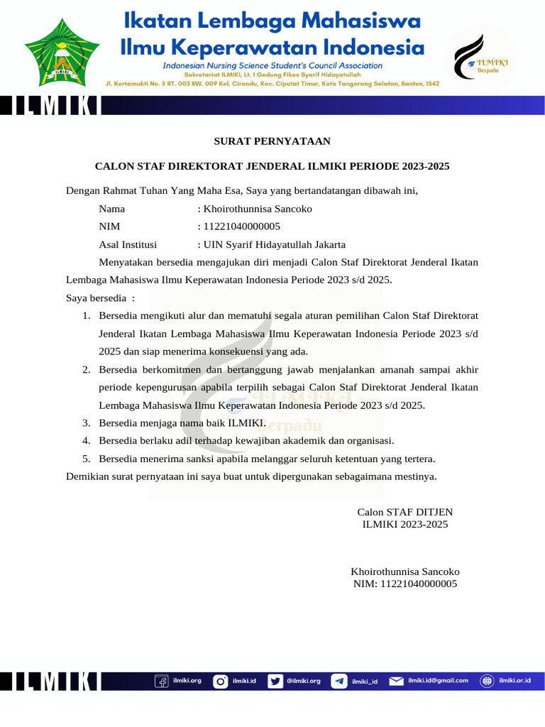 Pernyataan Calon Staf ILMIKI 2023-2025 | PDF