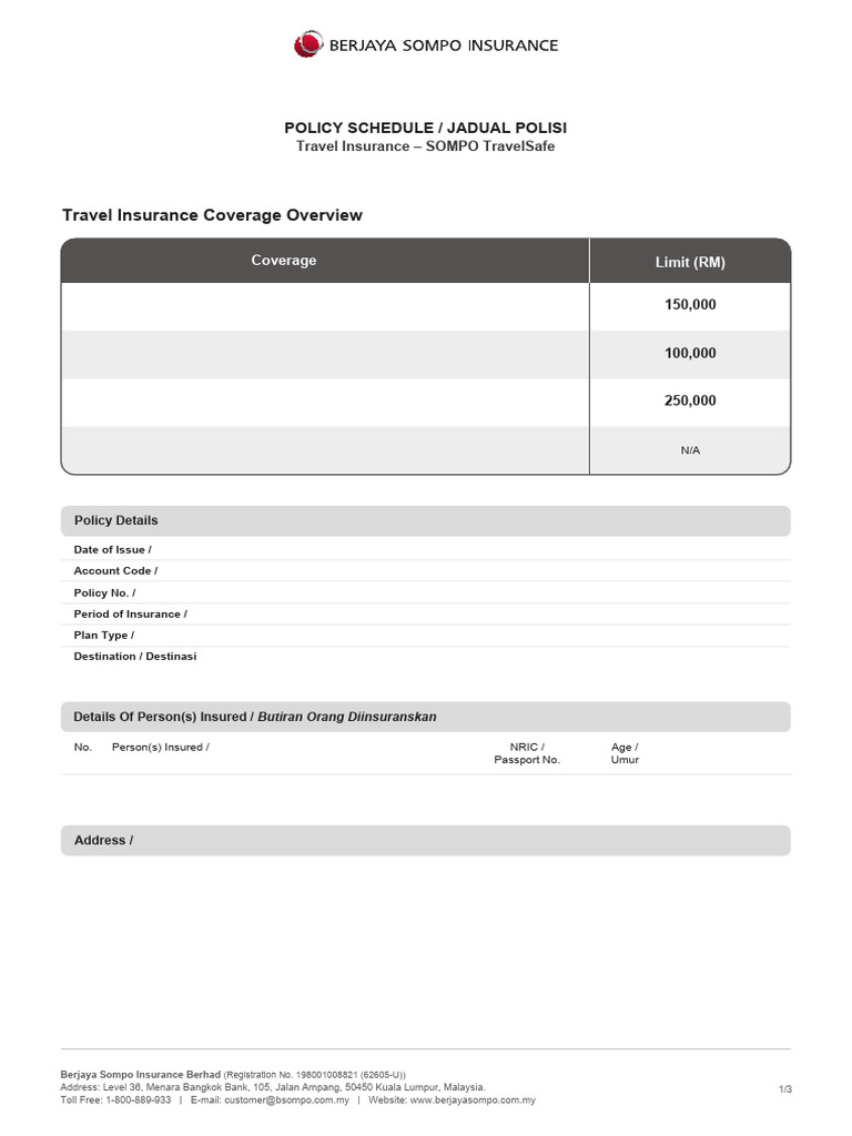 SOMPO TravelSafe Insurance Policy Summary | PDF