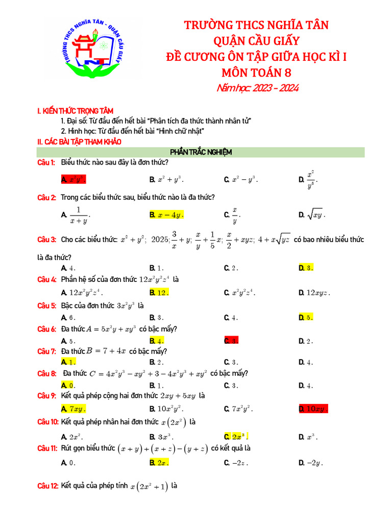 De Cuong Giua Hoc Ki 1 Toan 8 Nam 2023 2024 Truong Thcs Nghia Tan Ha Noi | PDF