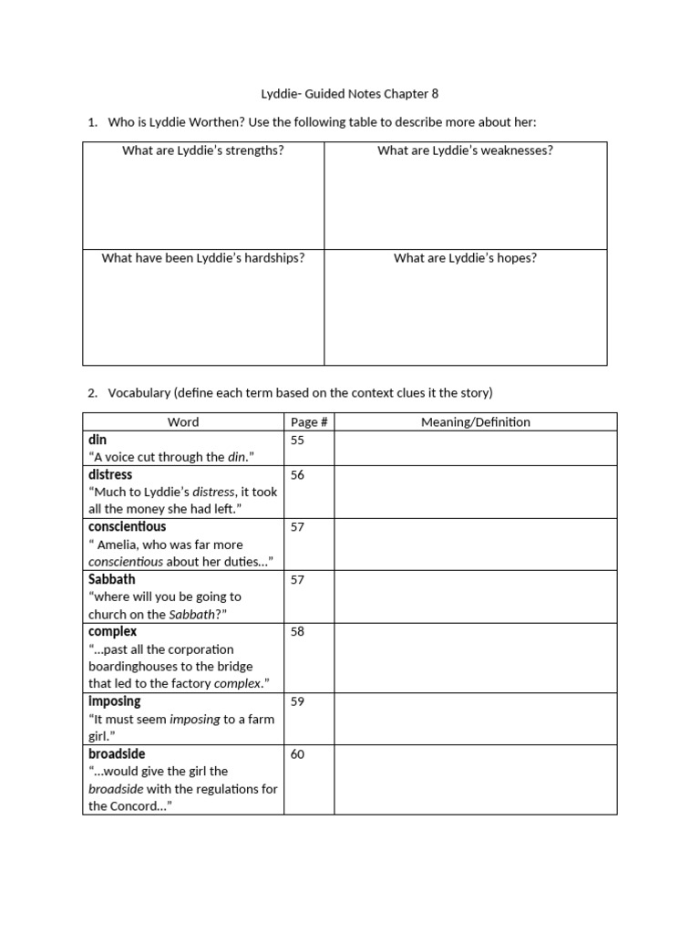 Lyddie Chapter 8 Guided Notes | PDF