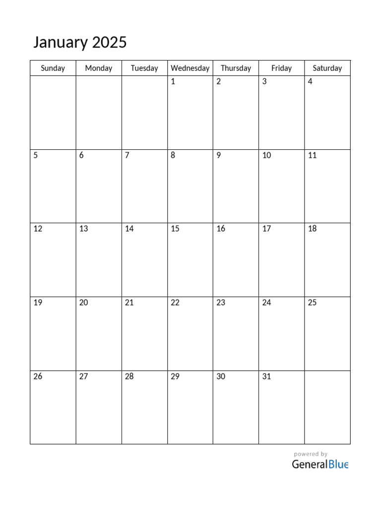 2025 01 January Calendar Classic Portrait Sunday Start en | PDF