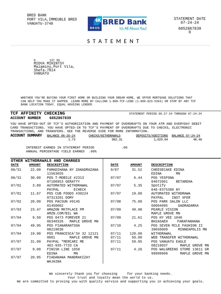 Updated-TCF-Bank-Statement-TemplateLab.com_ | PDF | Banks | Overdraft