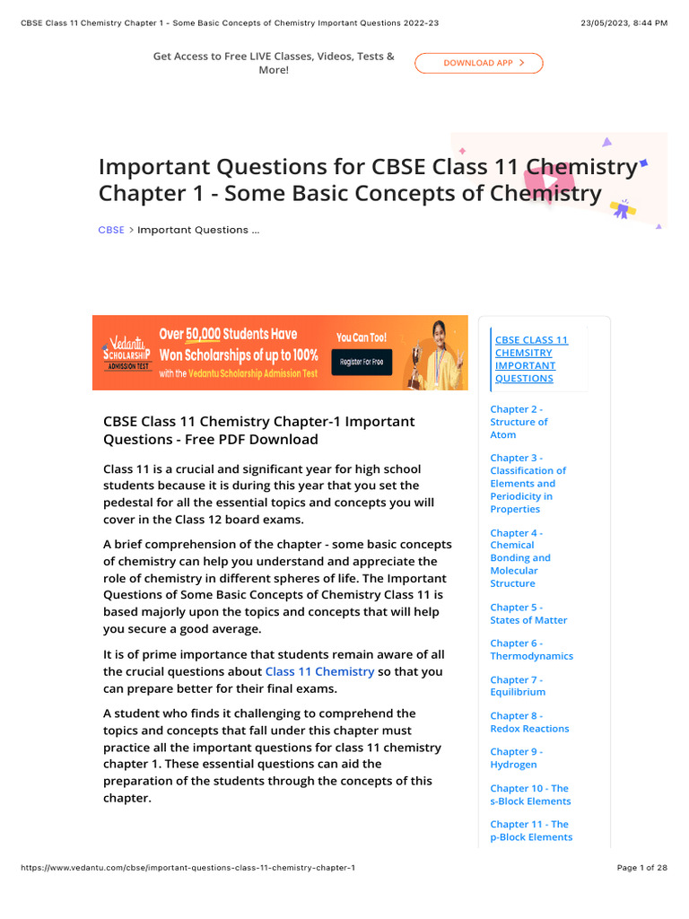 CBSE Class 11 Chemistry Chapter 1 - Some Basic Concepts of Chemistry Important Questions 2022-23 ...