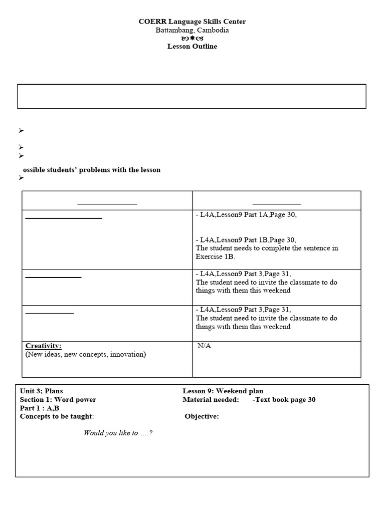 001 Level 4A Lesson Outline Promotion Week 1 | PDF | Consonant ...