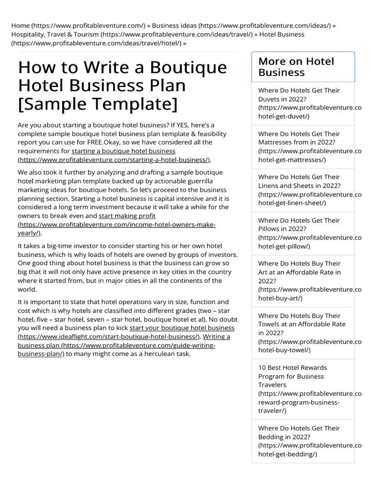 Boutique Hotel Business Plan (Sample Template For 2022) | PDF | Hotel ...