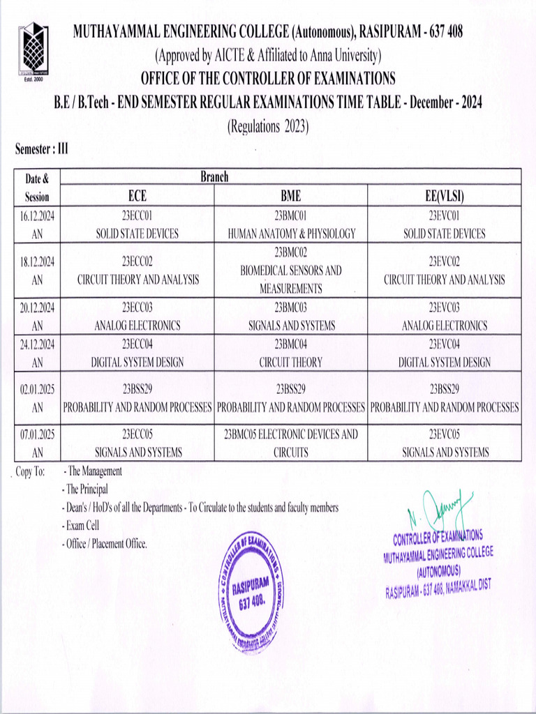 R - 2021, 2023 - (VII, V, III Sem) Regular Time Table - Dec 2024 | PDF
