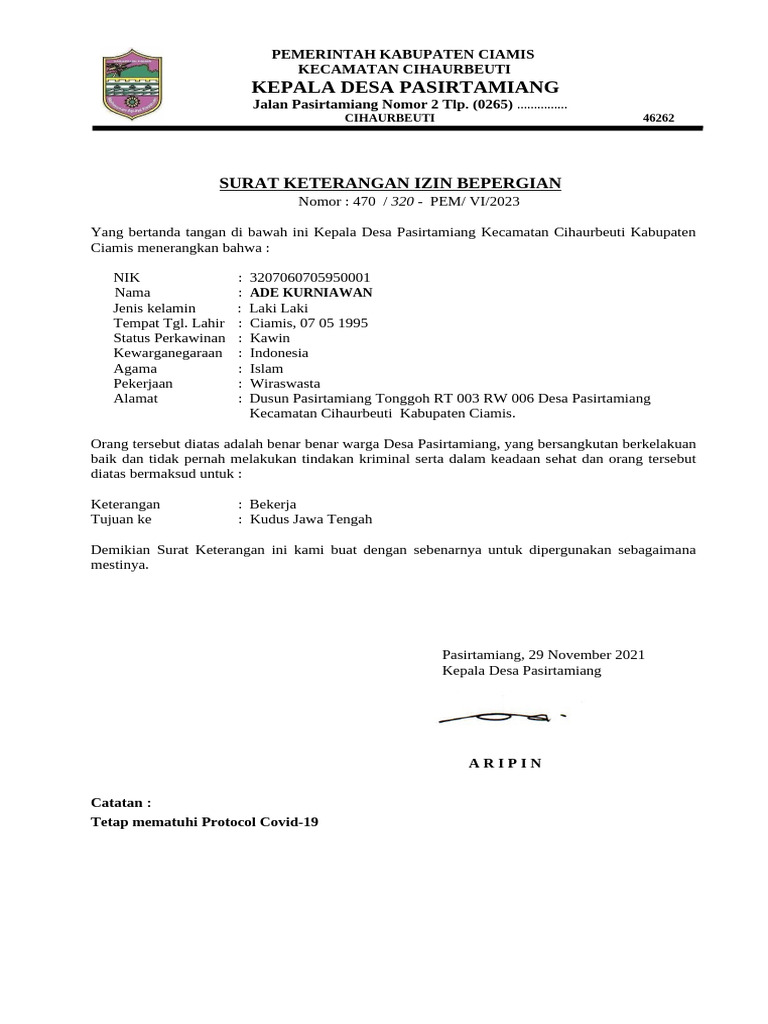 Surat Keterangan Izin Bepergian | PDF