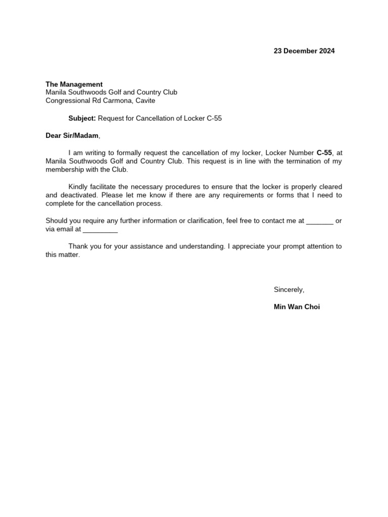 Locker Cancellation Request Letter | PDF