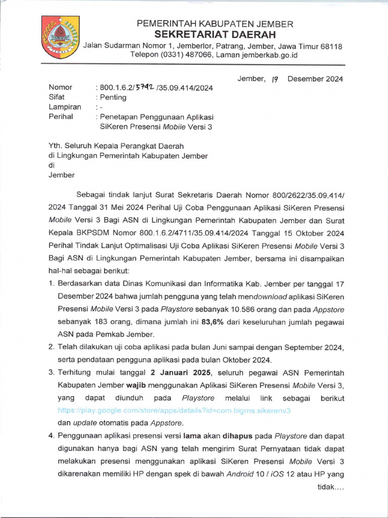 Surat Edaran Sekda Penetapan Penggunaan Aplikasi Sikeren Presensi Mobile Versi 3 | PDF