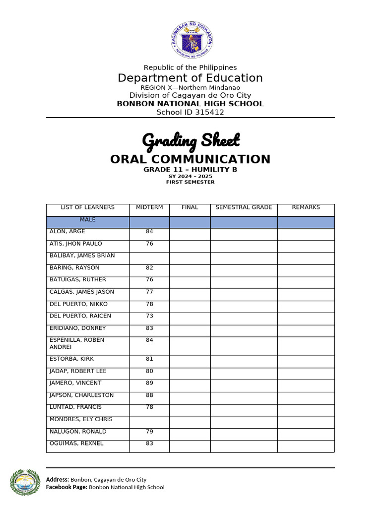 Grade 11 Humility B Grading Sheet | PDF