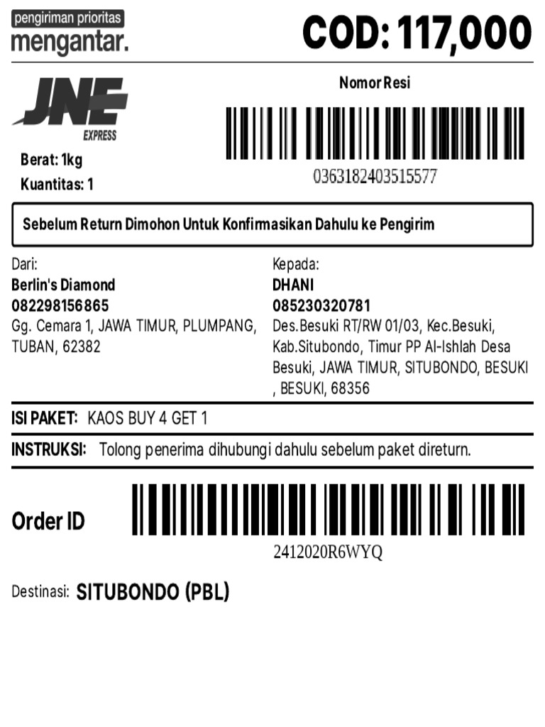 Contoh Resi Pengiriman Paket COD | PDF