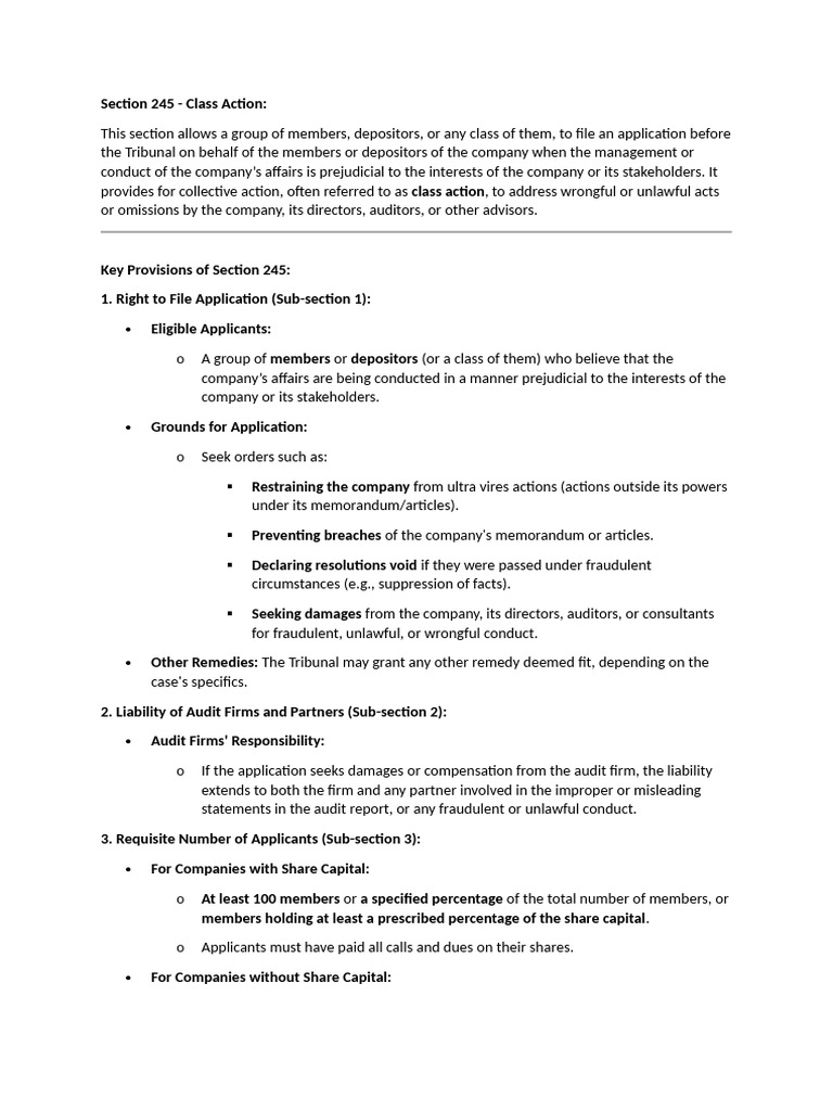 Sec 245 Summary - Company Law | PDF | Legal Remedy | Vexatious Litigation