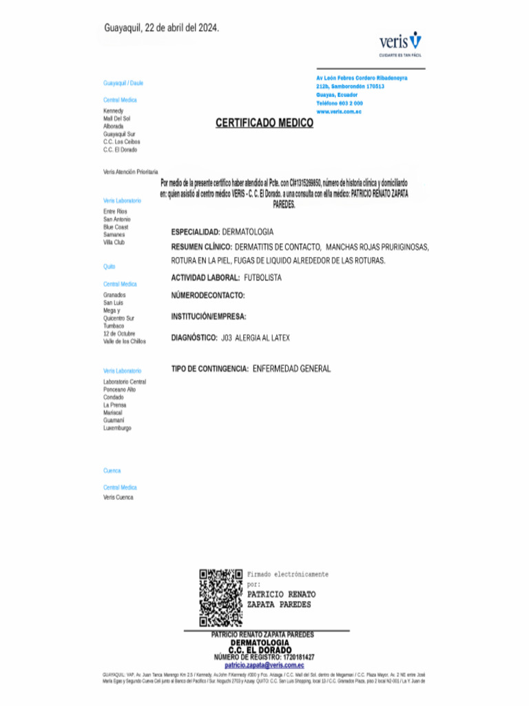 Certificado Medico Veris Ecuador | PDF