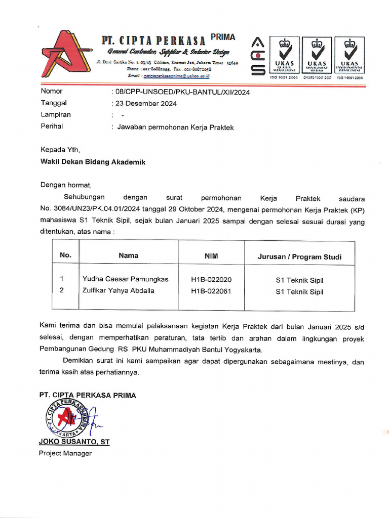 Surat balasan KP Universitas Jenderal Soedirman- PT CPP | PDF Surat balasan KP Universitas Jenderal Soedirman- PT CPP | PDF