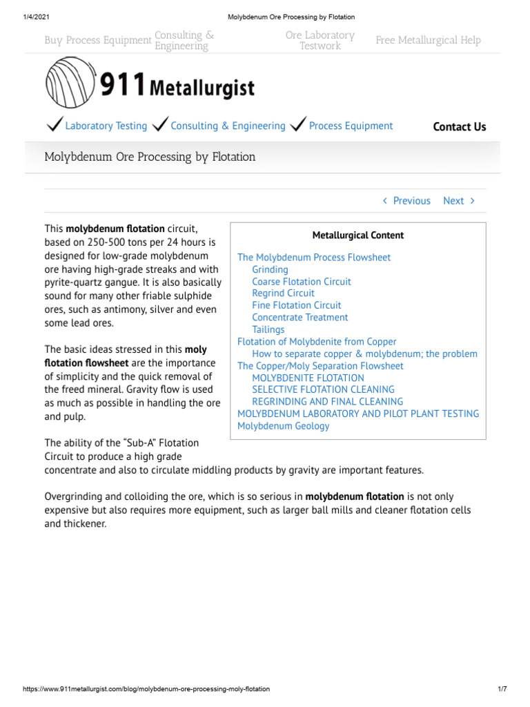 Molybdenum Ore Processing by Flotation | PDF | Ore | Molybdenum