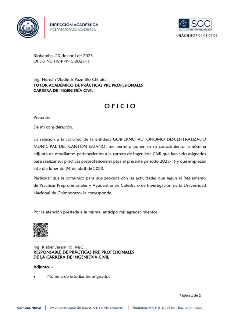 118 PPP IC 2023 1S Oficio Designacion Pazmiño GAD Gua Signed | PDF | Ingeniería | Ciencias fisicas