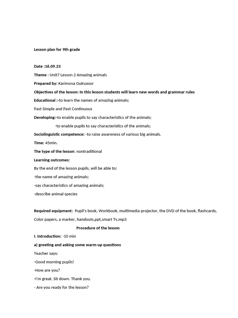 9th Grade Lesson Plan: Amazing Animals | PDF