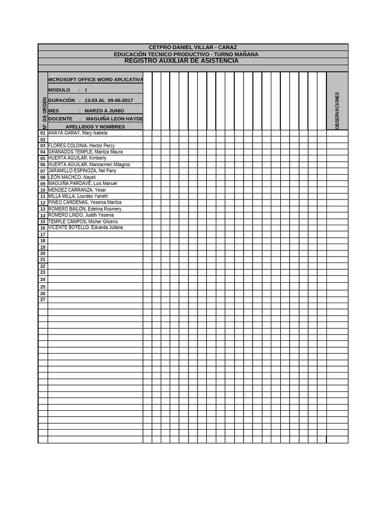 Registro de Asistencia CETPRO 2016-2017 | PDF