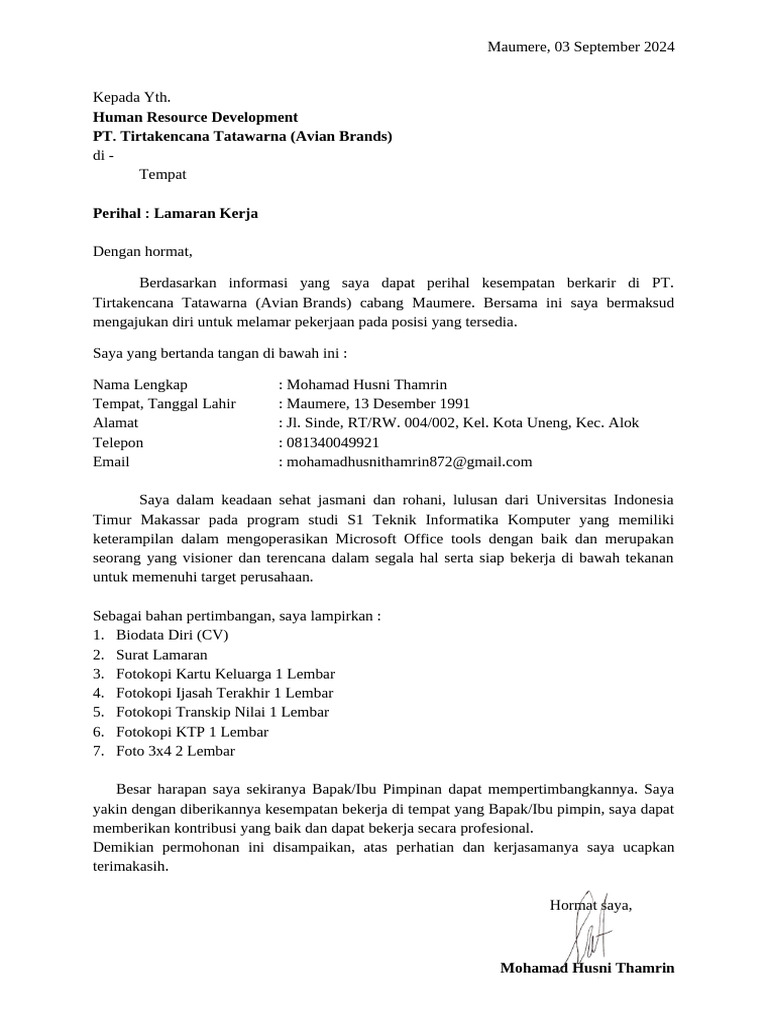 Lamaran Kerja Mohamad Husni Thamrin | PDF