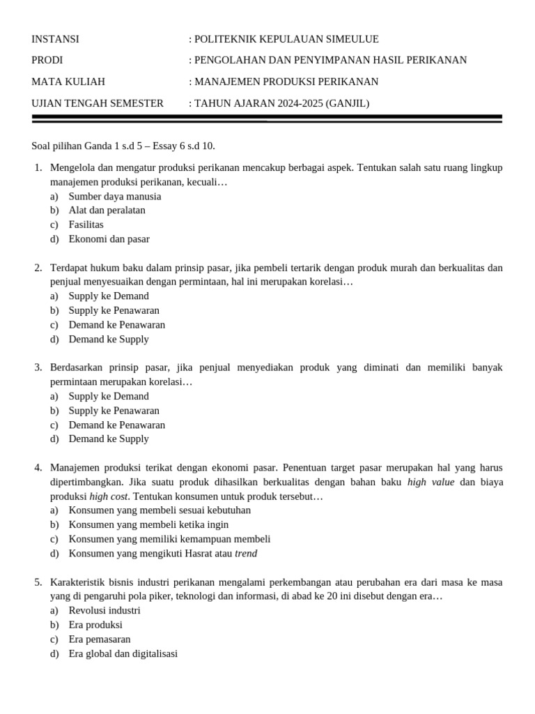 Soal Uts Manajemen Produksi Perikanan | PDF