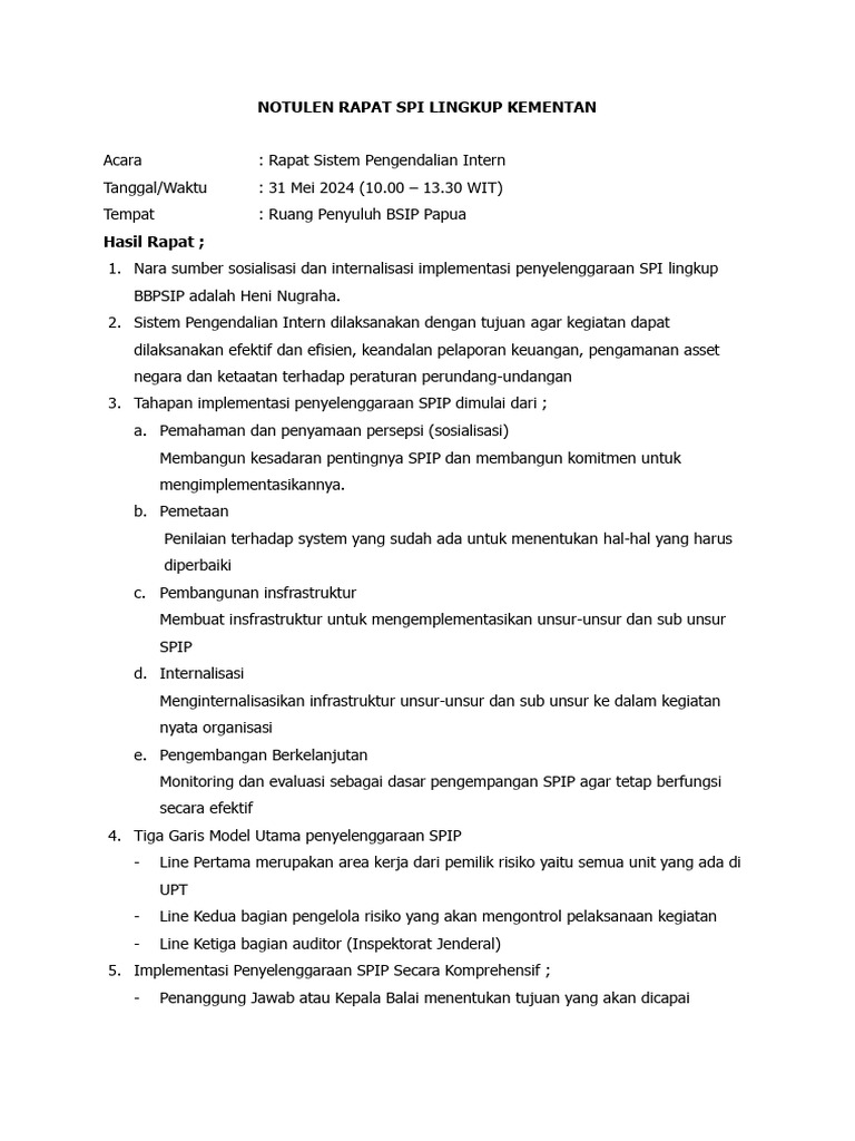 05. BSIP Papua_Notulen Rapat SPI (Reviu SOP Balai) 31 Mei 2024 | PDF