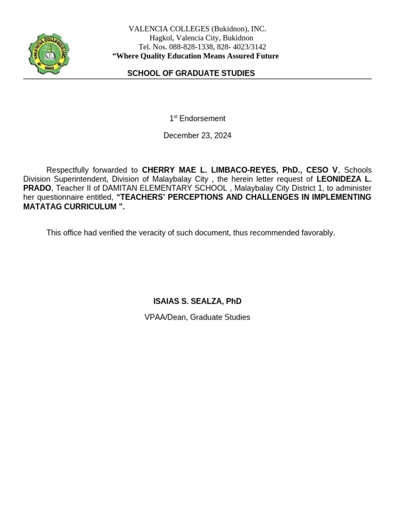 Letters of Endorsement MAT PRADO | PDF | Thesis | Doctor Of Philosophy